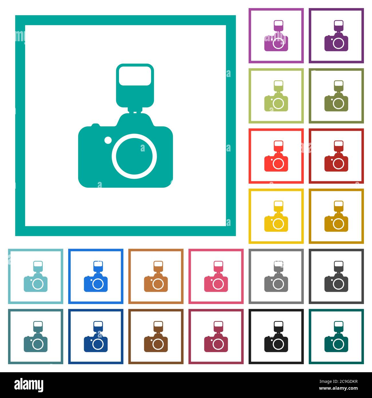 Camera with flash flat color icons with quadrant frames on white ...