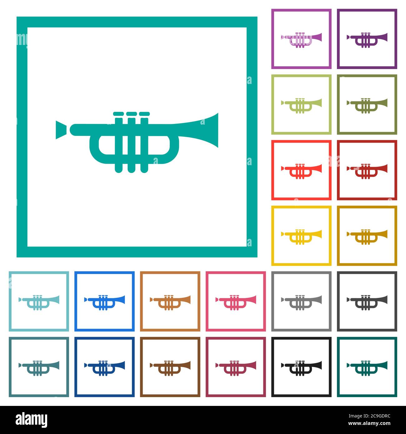 Trumpet flat color icons with quadrant frames on white background Stock ...