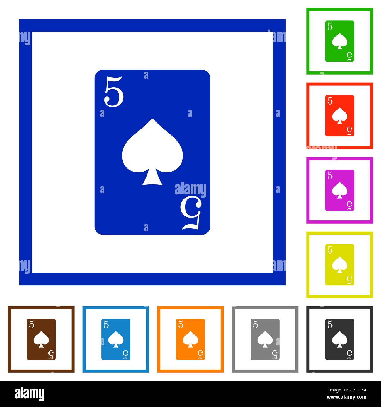 Five of spades card flat color icons in square frames on white ...