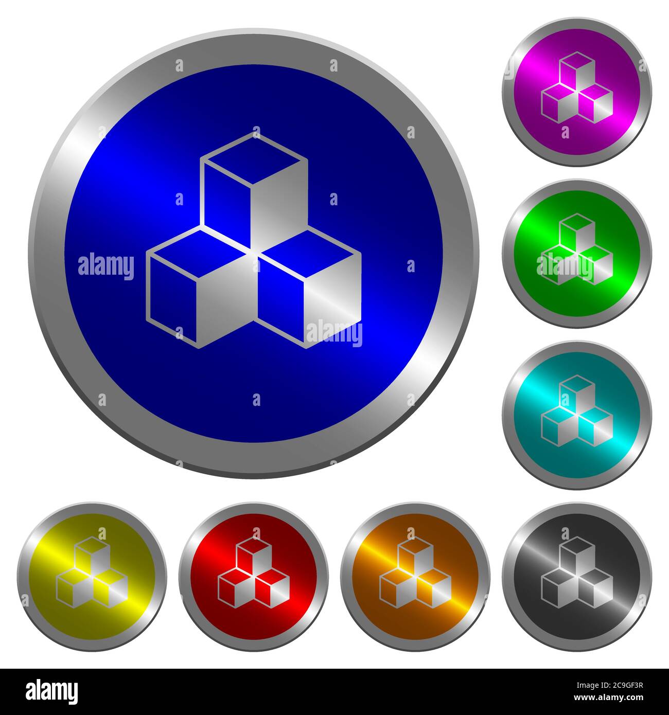 Cubes icons on round luminous coin-like color steel buttons Stock Vector Image & Art - Alamy