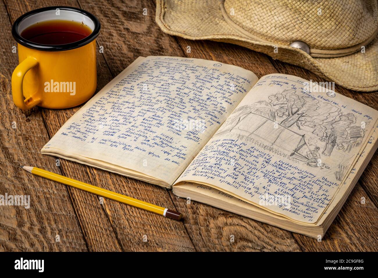 Vintage expedition journal on a rustic picnic table with a cup of tea ...