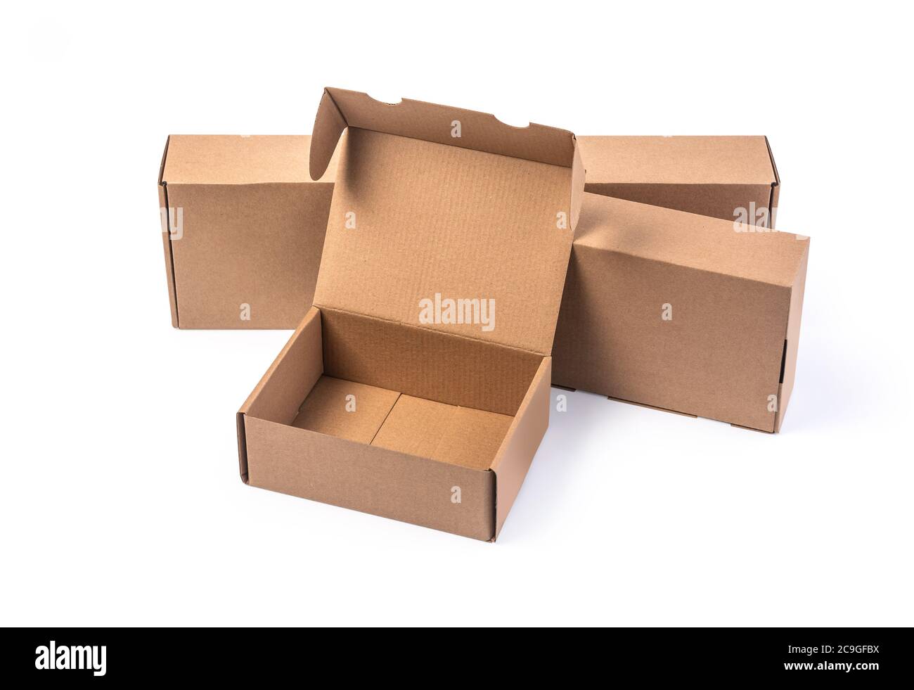 closing a stack of cardboard boxes on a white background with clipping ...