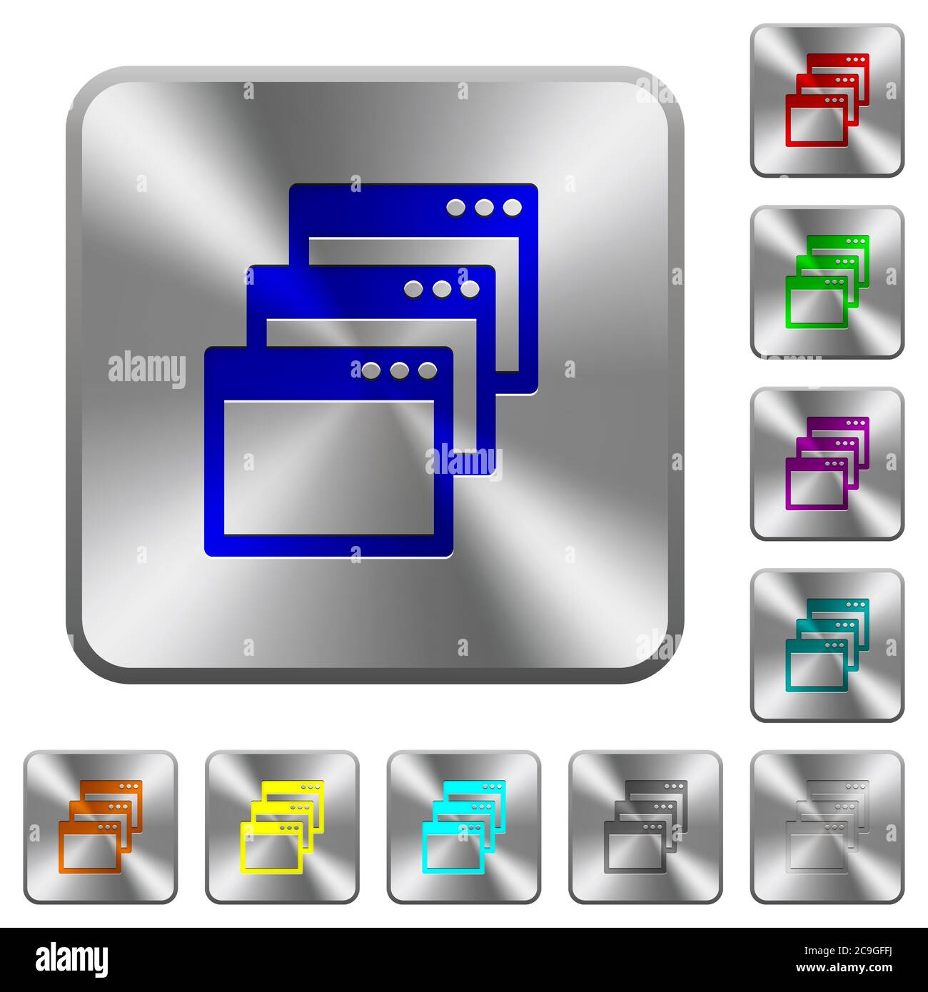 Cascade window view mode engraved icons on rounded square glossy steel ...