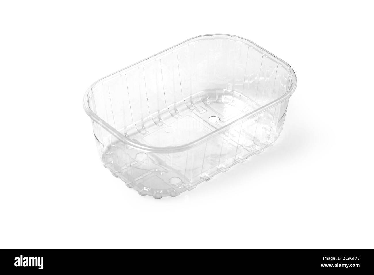 Little transparent plastic crate isolated on white background with ...