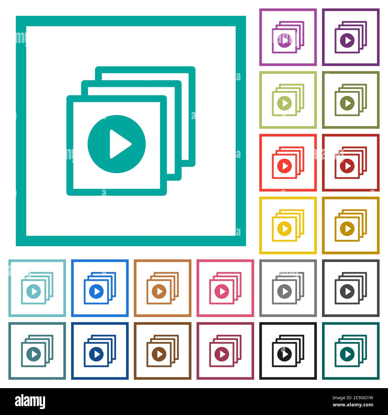 Play files flat color icons with quadrant frames on white background ...