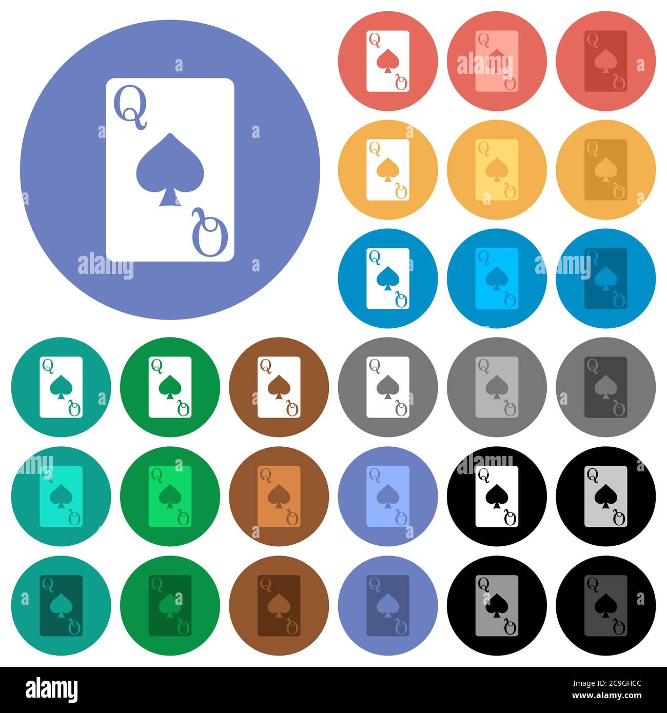 Queen of spades card multi colored flat icons on round backgrounds ...