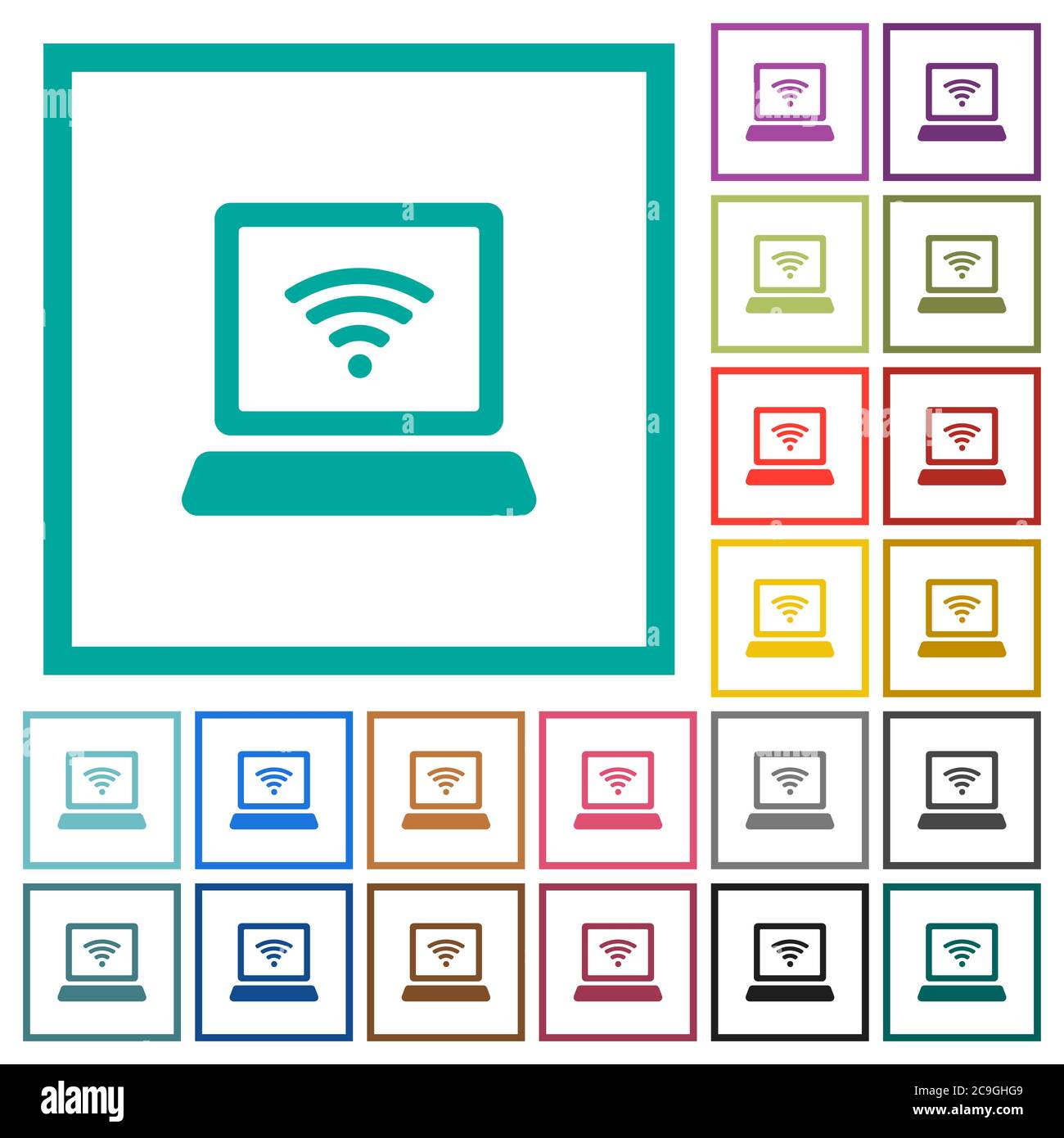Laptop computer with wireless symbol flat color icons with quadrant ...