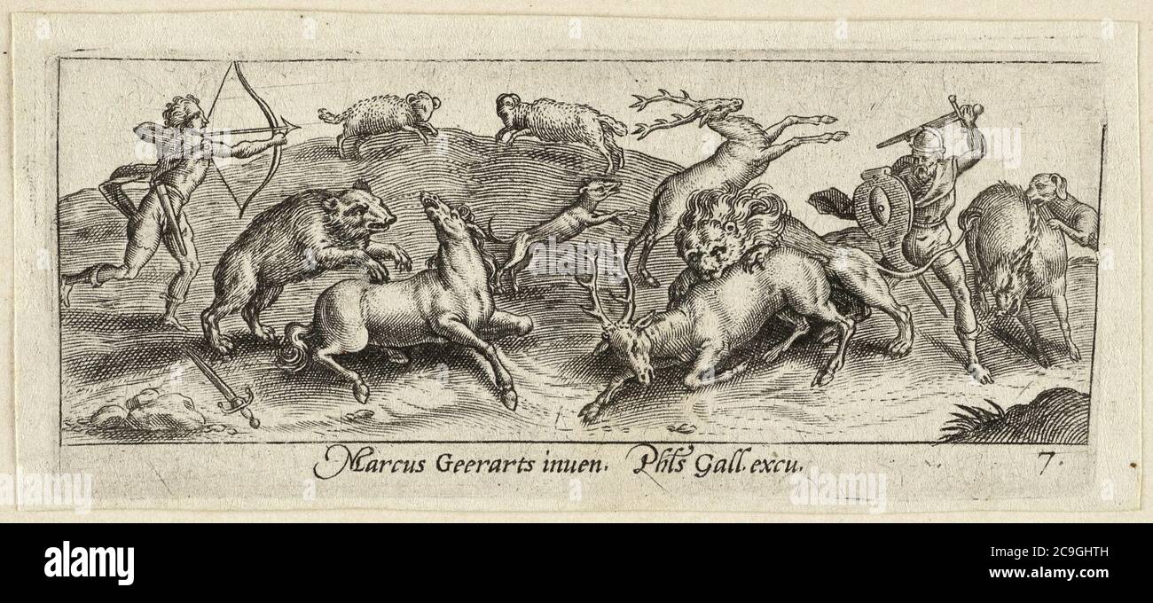 Jacht op herten, gemzen, wilde zwijnen, beer en leeuw met honden en ...
