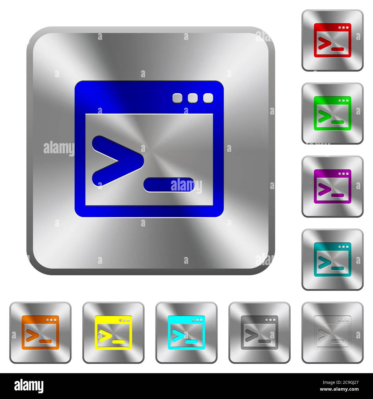 Command prompt engraved icons on rounded square glossy steel buttons ...