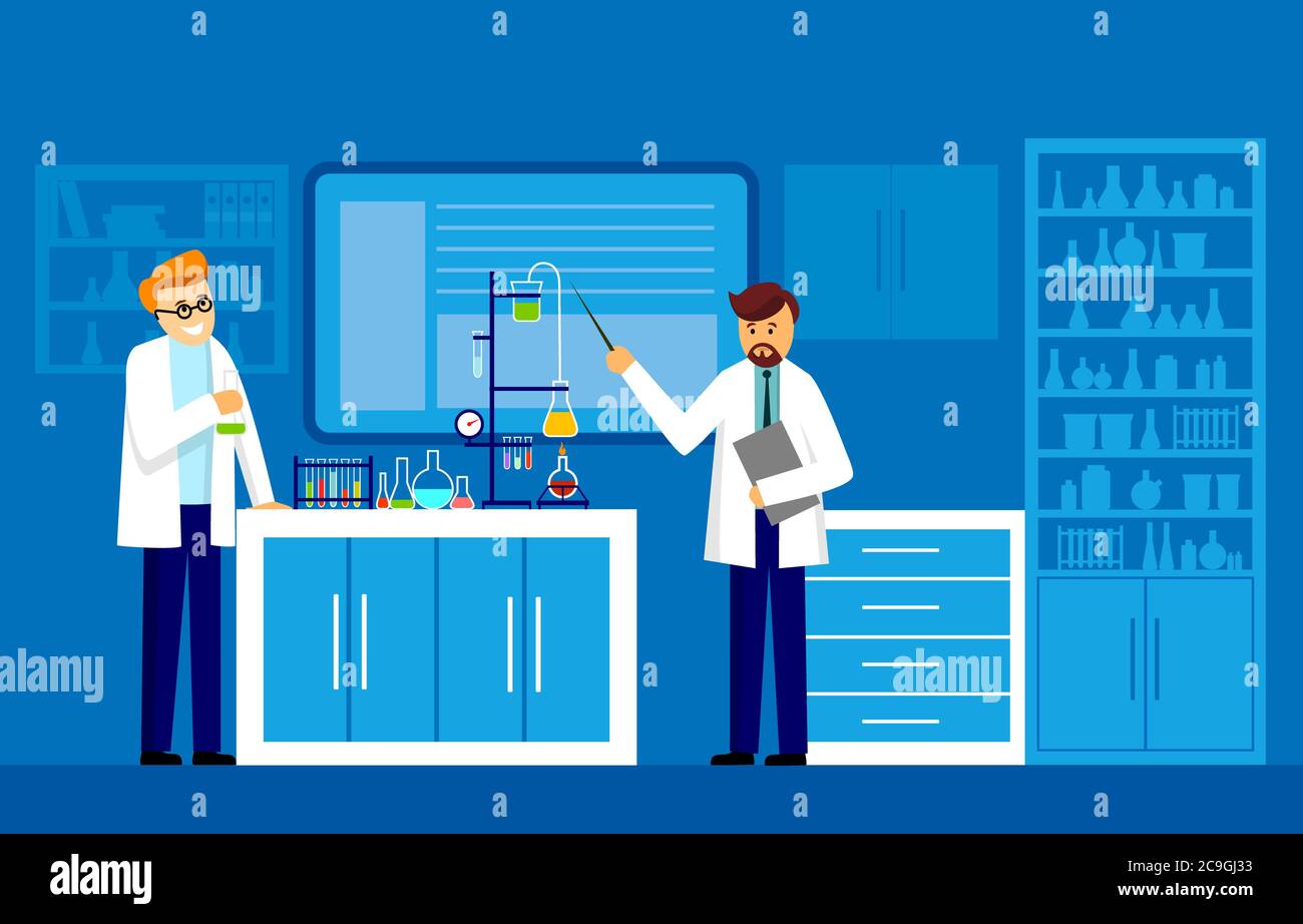 Illustration of scientists two men working at science lab Stock Photo ...