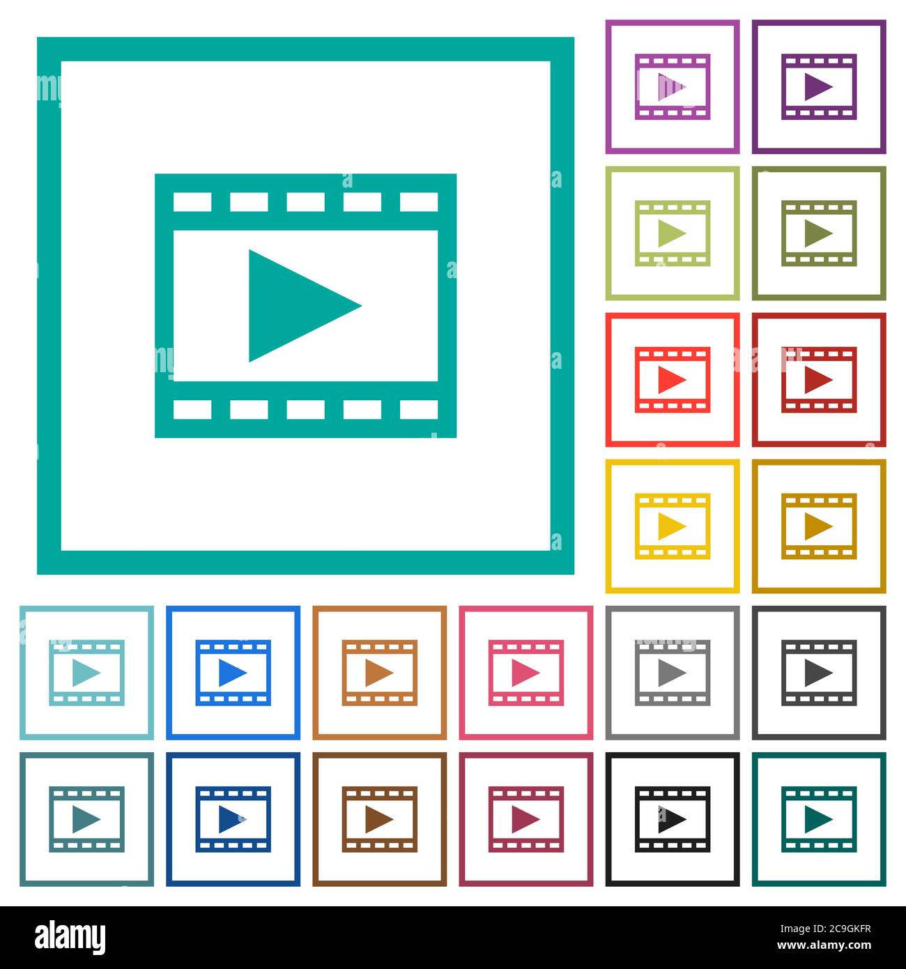 Play movie flat color icons with quadrant frames on white background ...