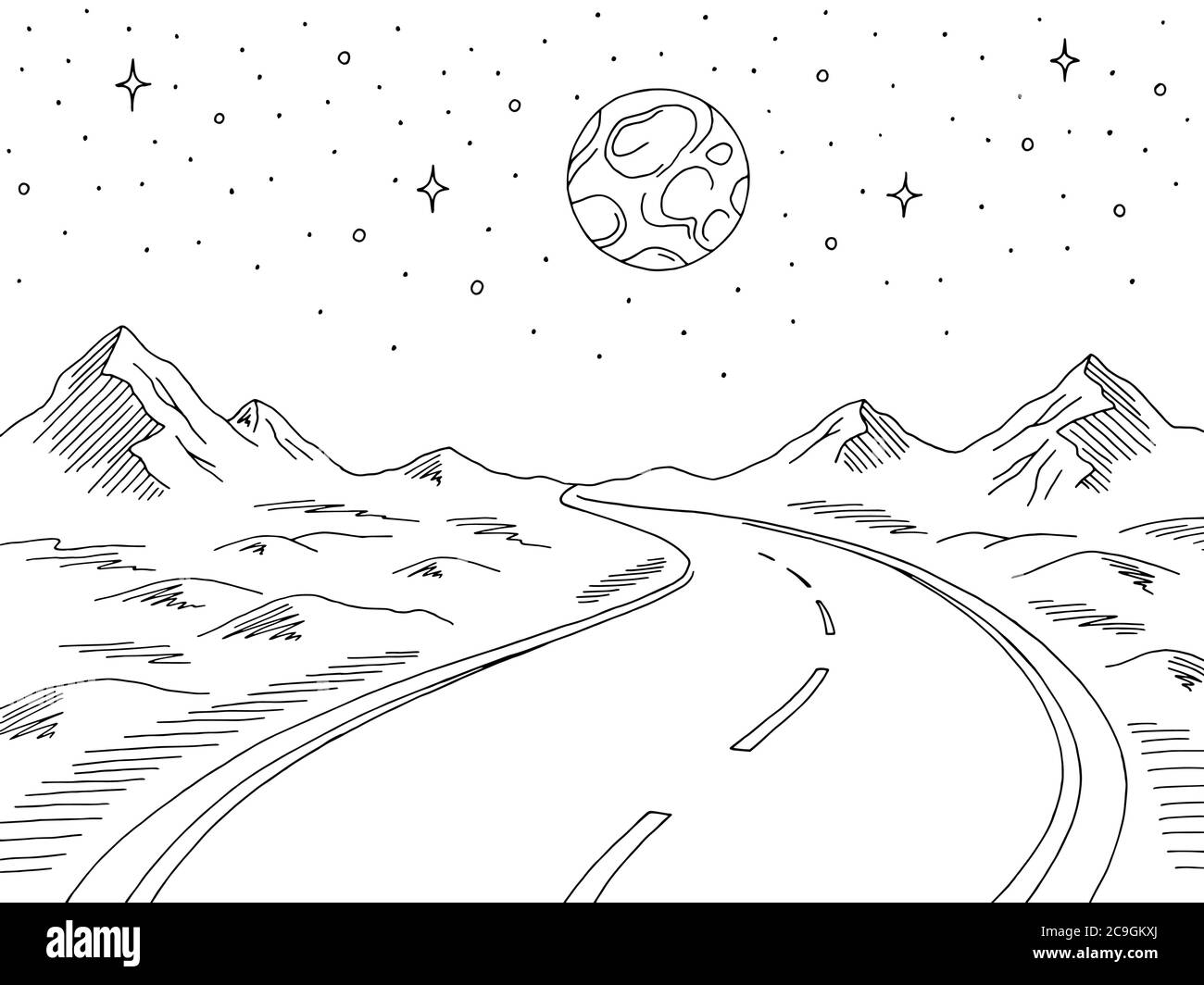 Night road graphic black white landscape sketch illustration vector ...
