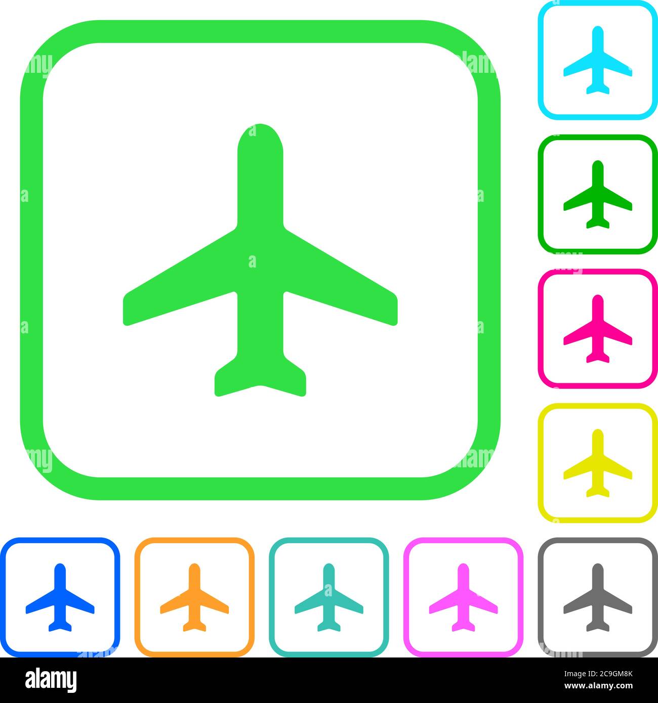 Airplane vivid colored flat icons in curved borders on white background ...