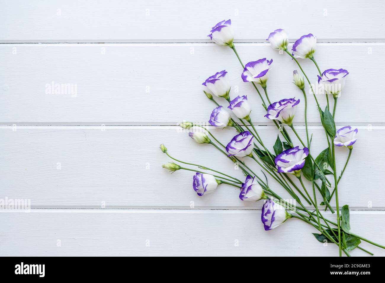 A bouquet of beautiful freshly cut purple eustoma on a one ton ...