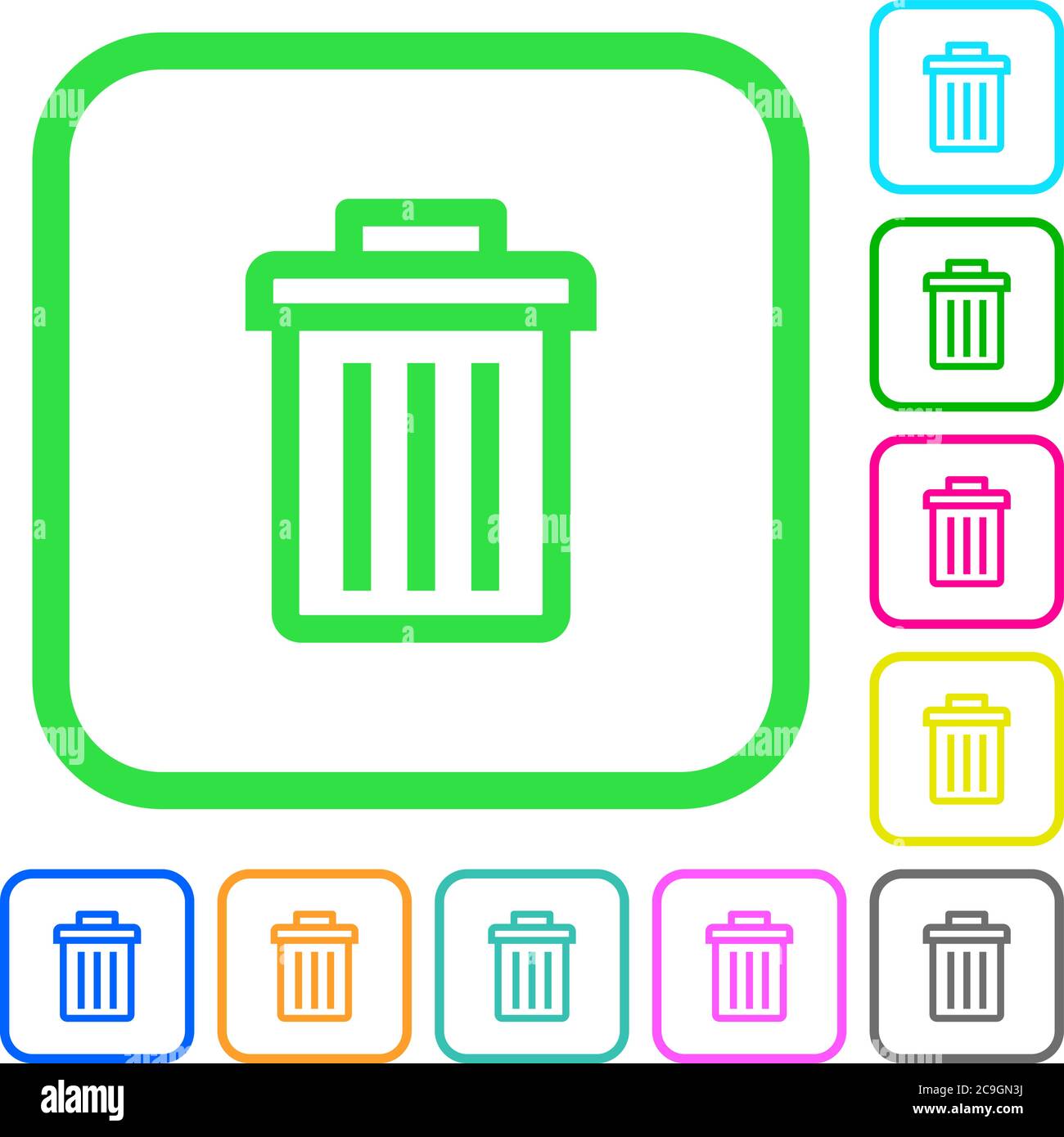 Delete vivid colored flat icons in curved borders on white background ...