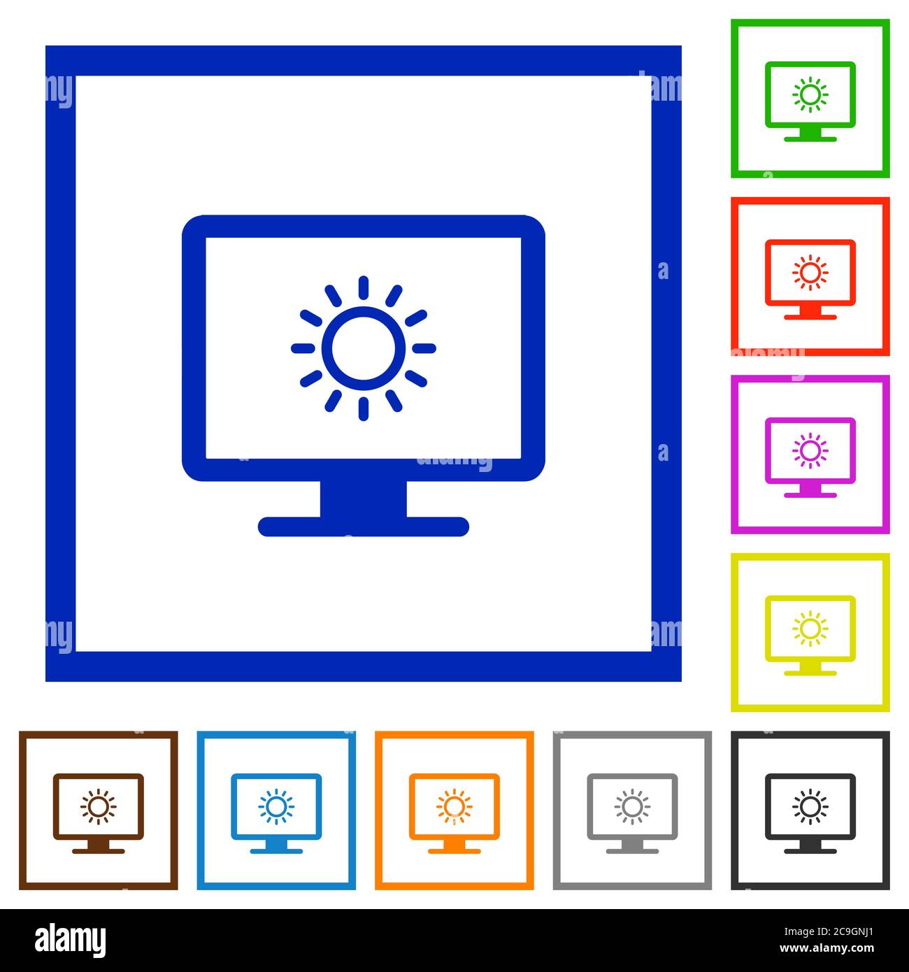 Adjust screen brightness flat color icons in square frames on white ...