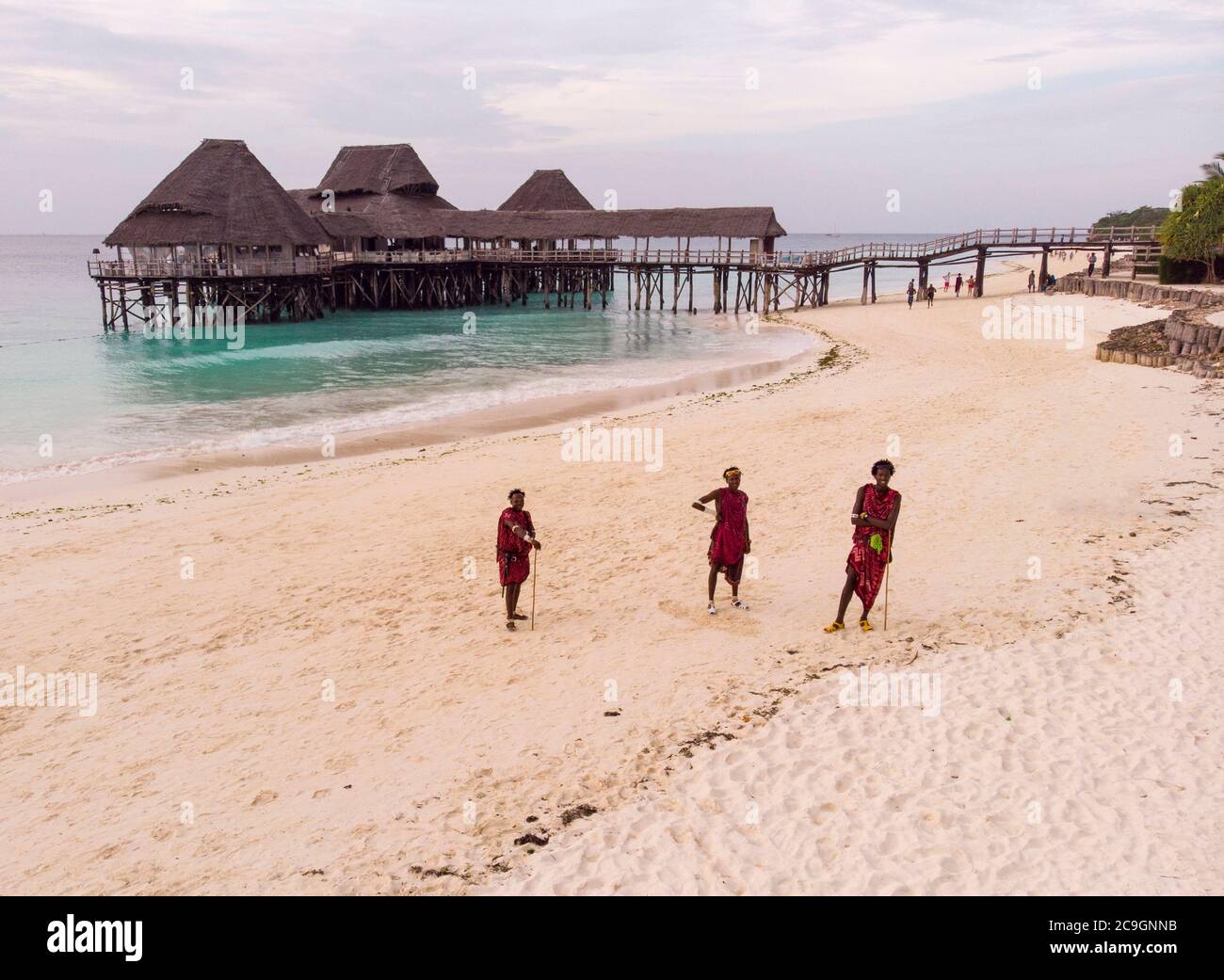 Aerial View on Beautiful thatch stilt house restaurant at Zanzibar ...