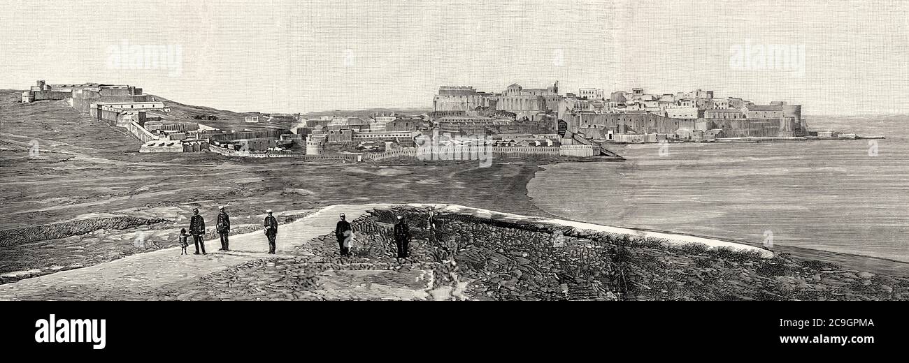 Panoramic overview of Melilla in the late 19th century, Spain. Old XIX ...