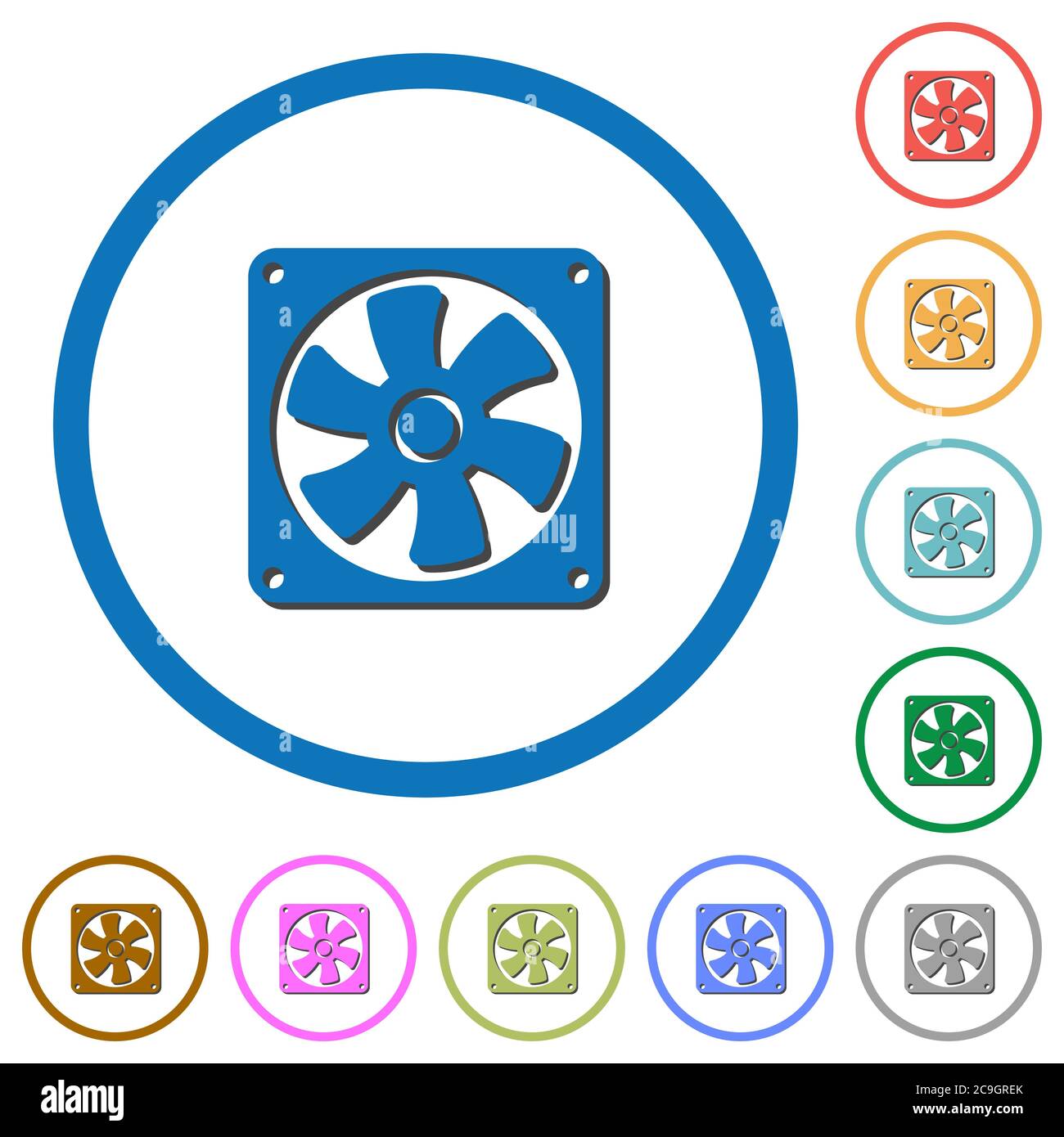 Computer fan flat color vector icons with shadows in round outlines on ...