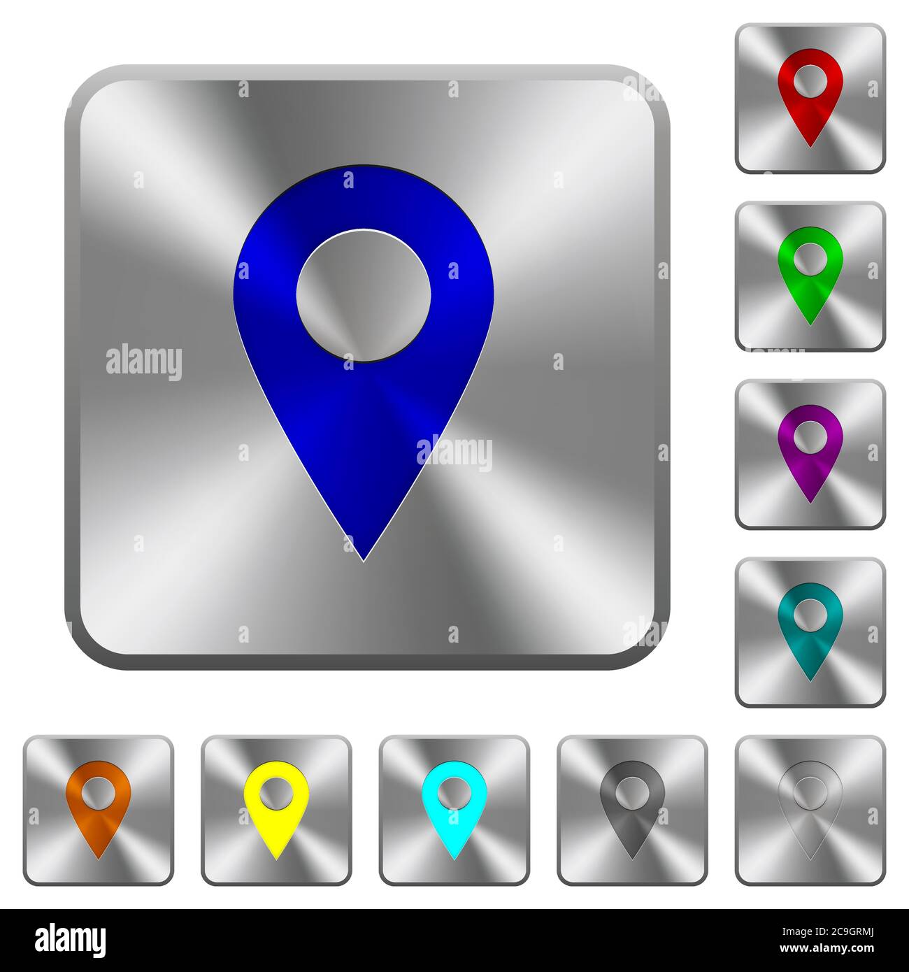 Blank GPS map location pin engraved icons on rounded square glossy ...
