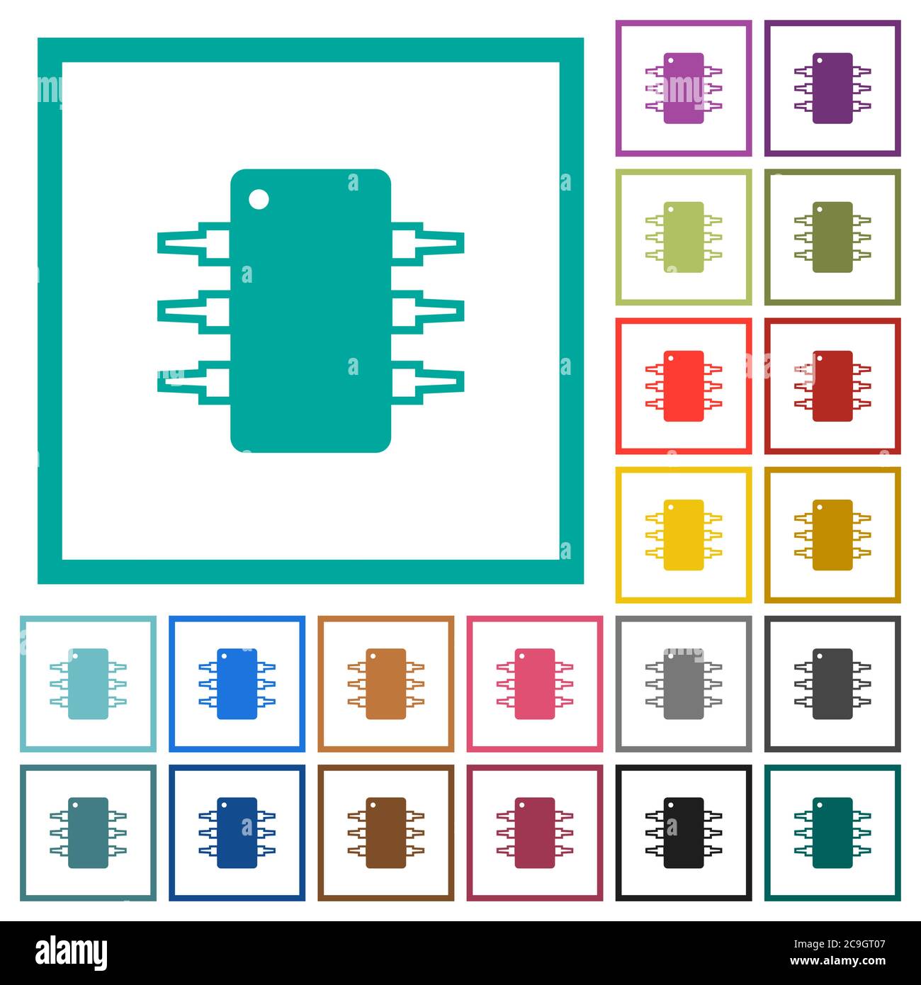 Integrated circuit flat color icons with quadrant frames on white ...