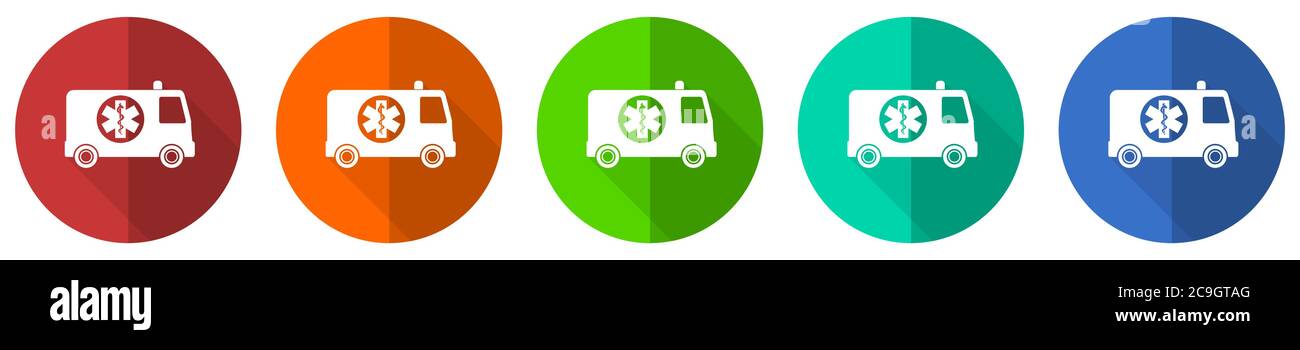 Ambulance icon set, red, blue, green and orange flat design web buttons ...