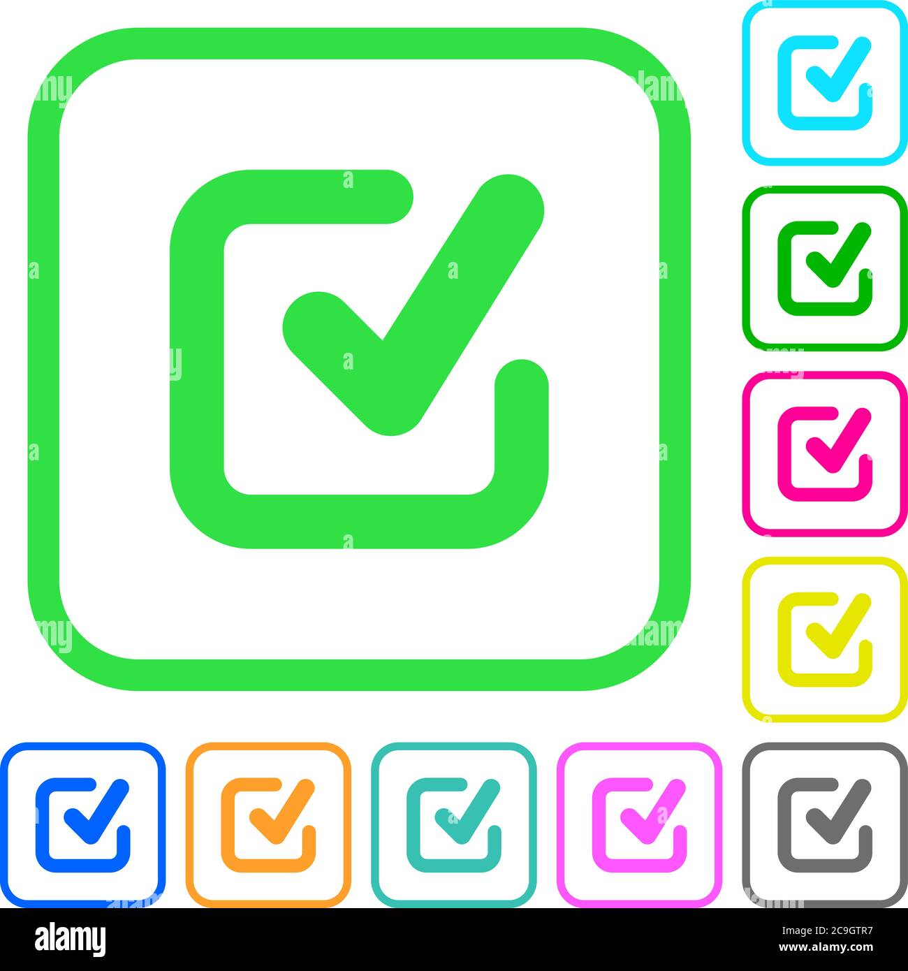 Checkmark vivid colored flat icons in curved borders on white ...