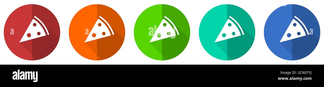 Pizza icon set, food, restaurant, red, blue, green and orange flat ...