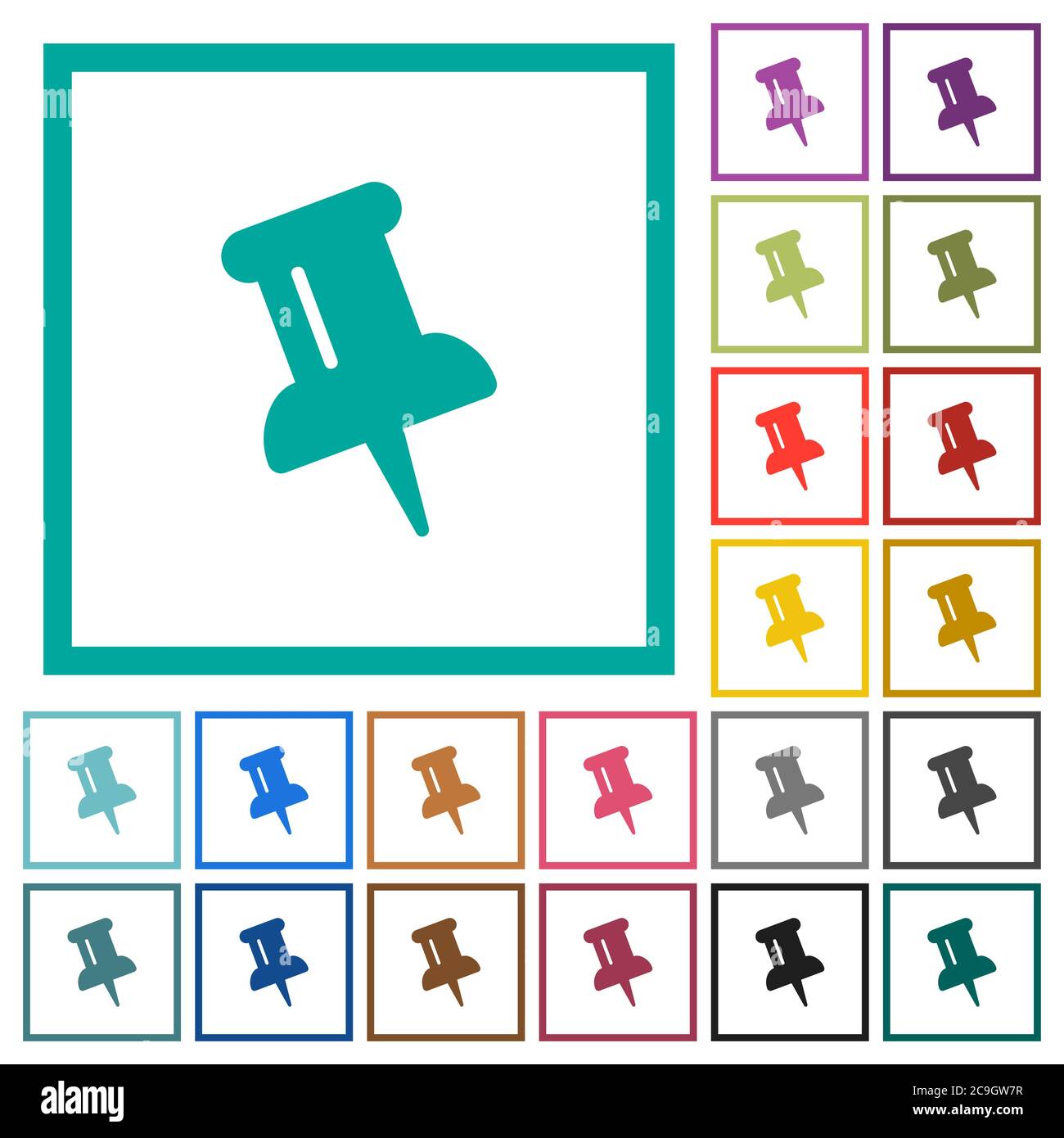 Push pin flat color icons with quadrant frames on white background ...