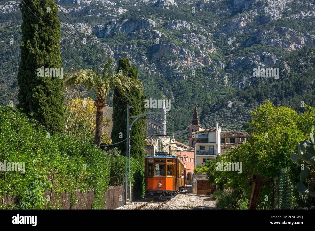 Vintage tram in Soller Majorca, Mallorca island, Balearic Islands ...