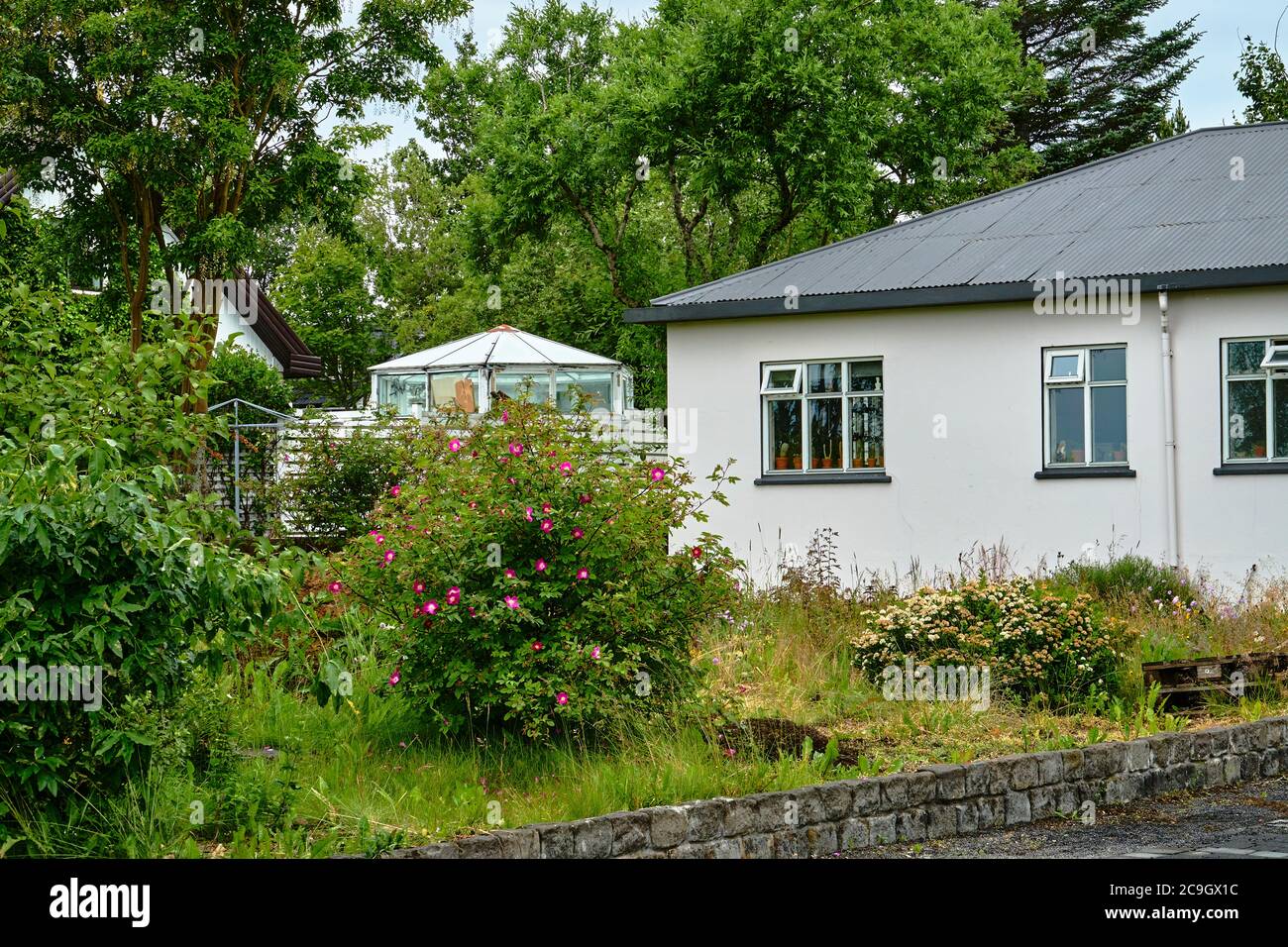 Architectural details and lush garden scenery in west Kópavogur, 50s ...