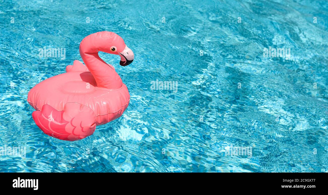 Inflatable pink flamingo float in bright blue pool water. Top view on ...