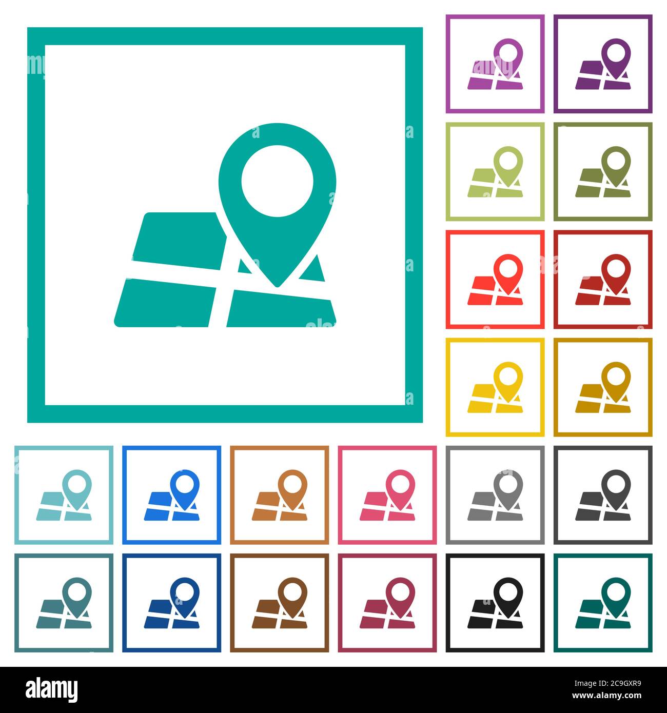 Location pin on map flat color icons with quadrant frames on white ...