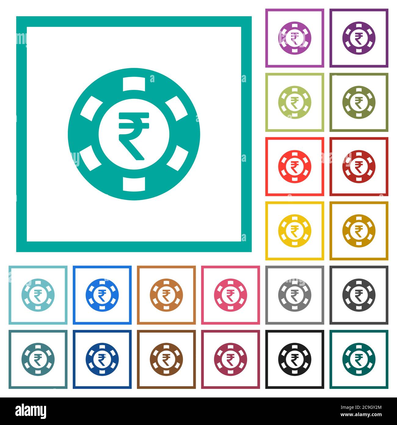 Indian Rupee casino chip flat color icons with quadrant frames on white ...