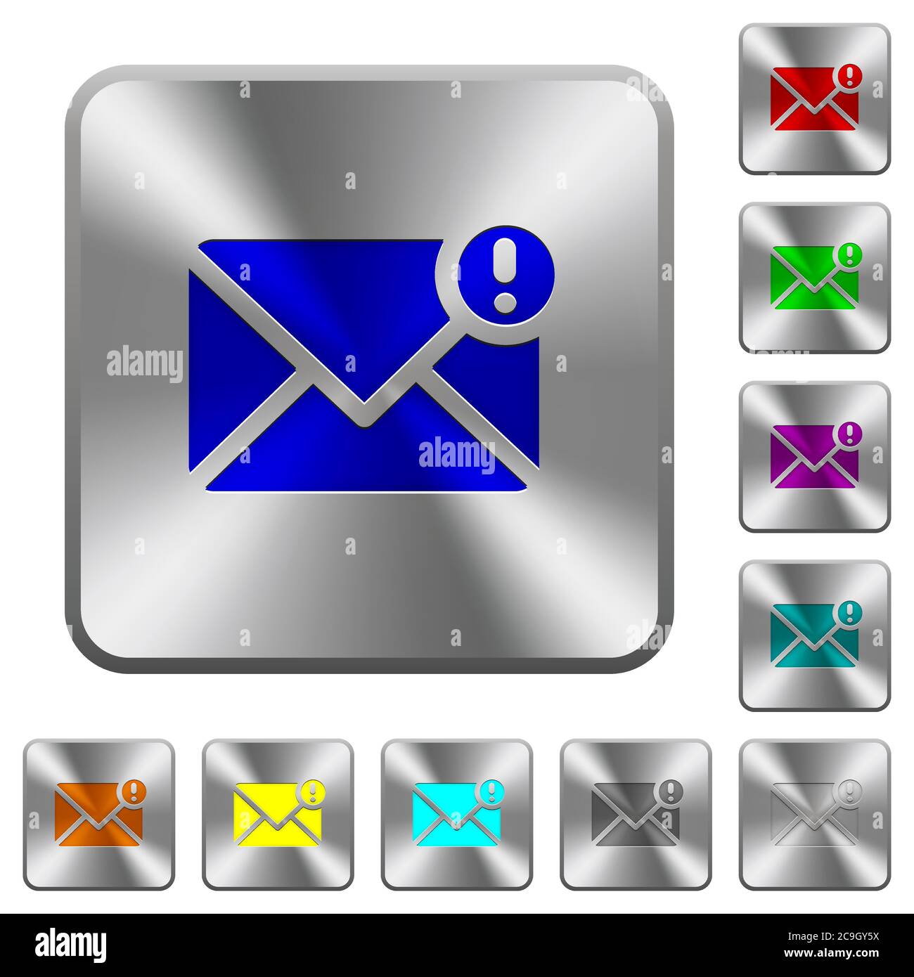 Important message engraved icons on rounded square glossy steel buttons ...