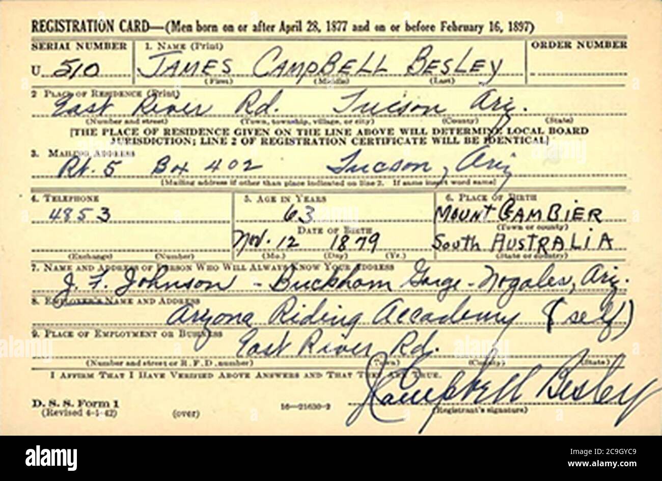 James Campbell Besley's WWII US draft card Stock Photo - Alamy