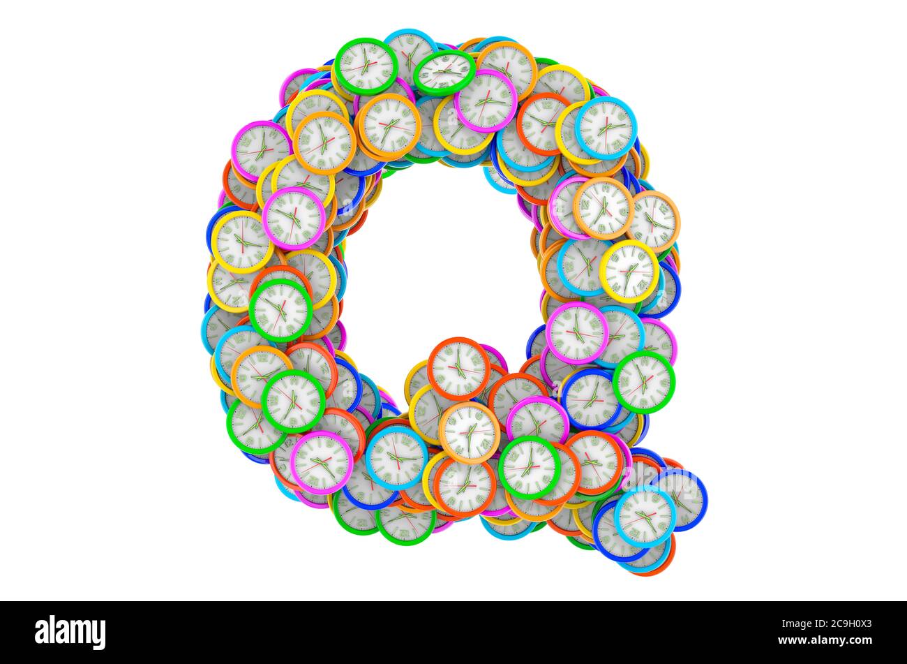 Letter Q from colored wall clocks, 3D rendering isolated on white ...