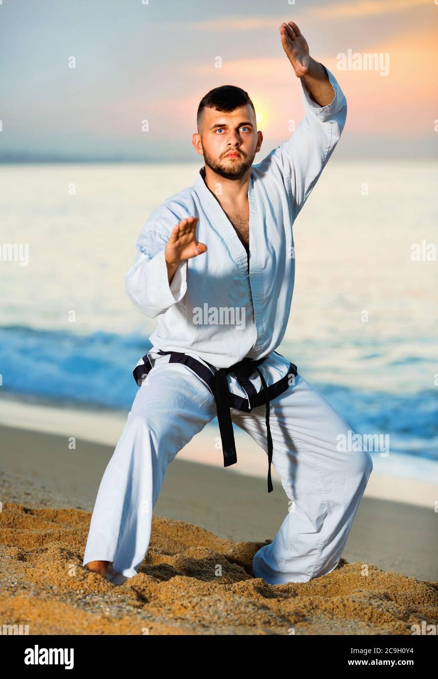 Diligent friendly smiling pleasant young guy doing karate poses at ...