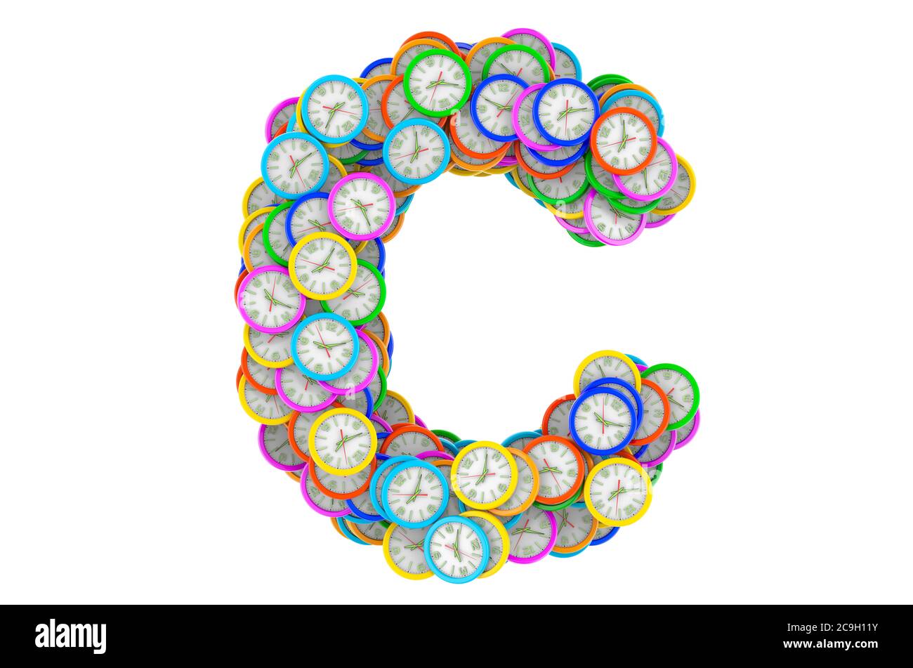 Letter C from colored wall clocks, 3D rendering isolated on white ...