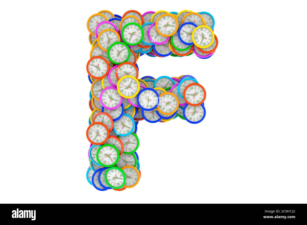 Letter F from colored wall clocks, 3D rendering isolated on white ...