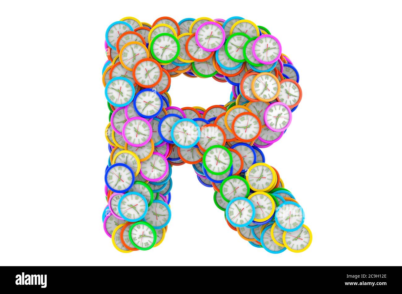 Letter R from colored wall clocks, 3D rendering isolated on white ...