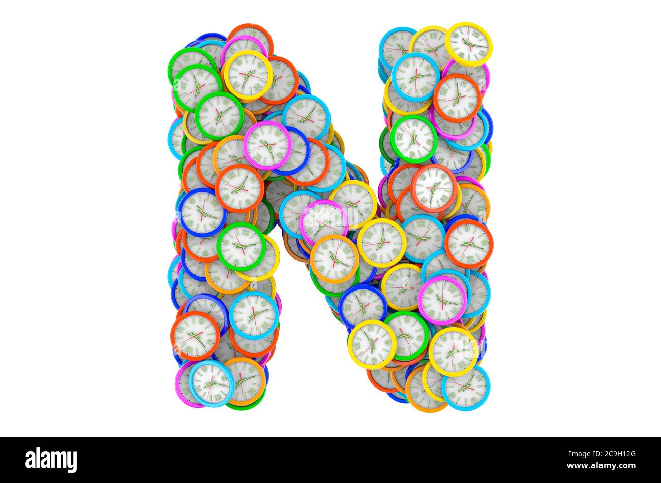 Letter N from colored wall clocks, 3D rendering isolated on white ...