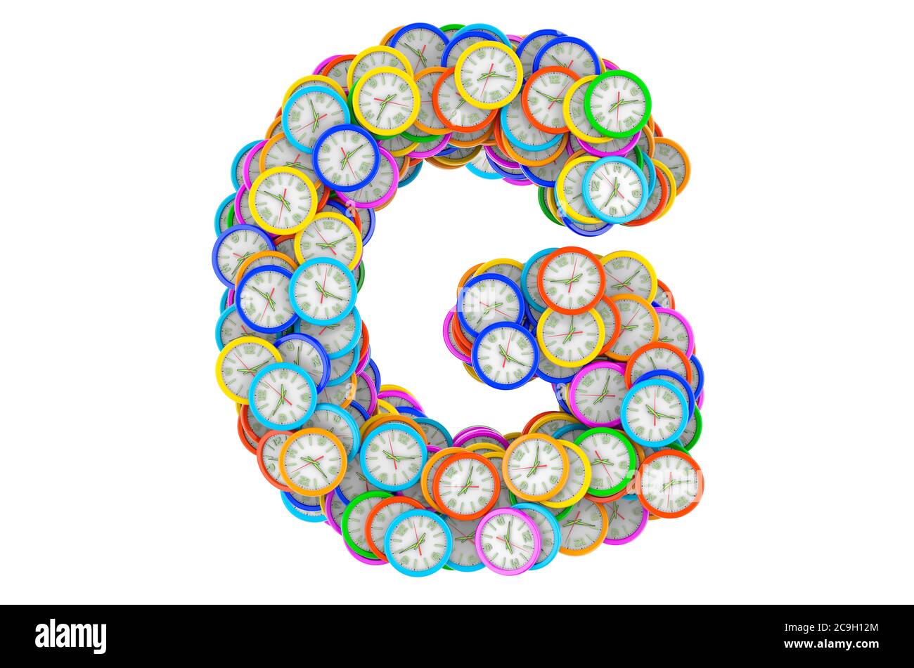 Letter G from colored wall clocks, 3D rendering isolated on white ...