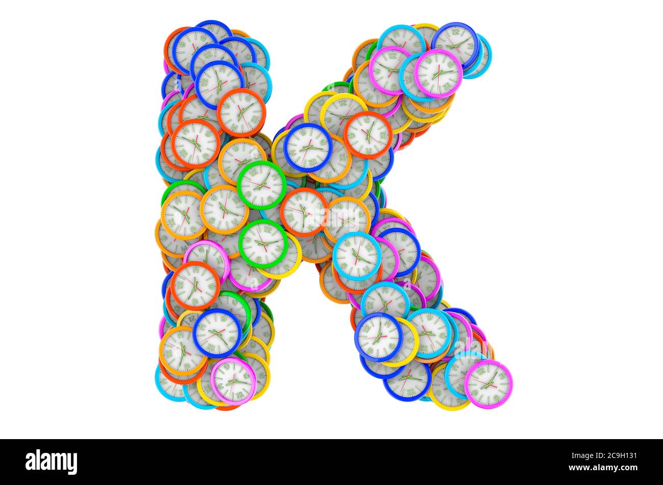 Letter K from colored wall clocks, 3D rendering isolated on white ...