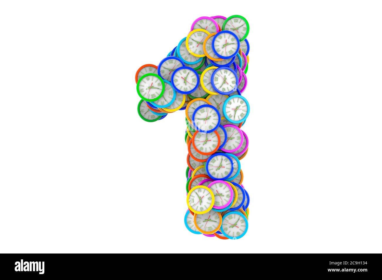 Number 1 from colored wall clocks, 3D rendering isolated on white ...