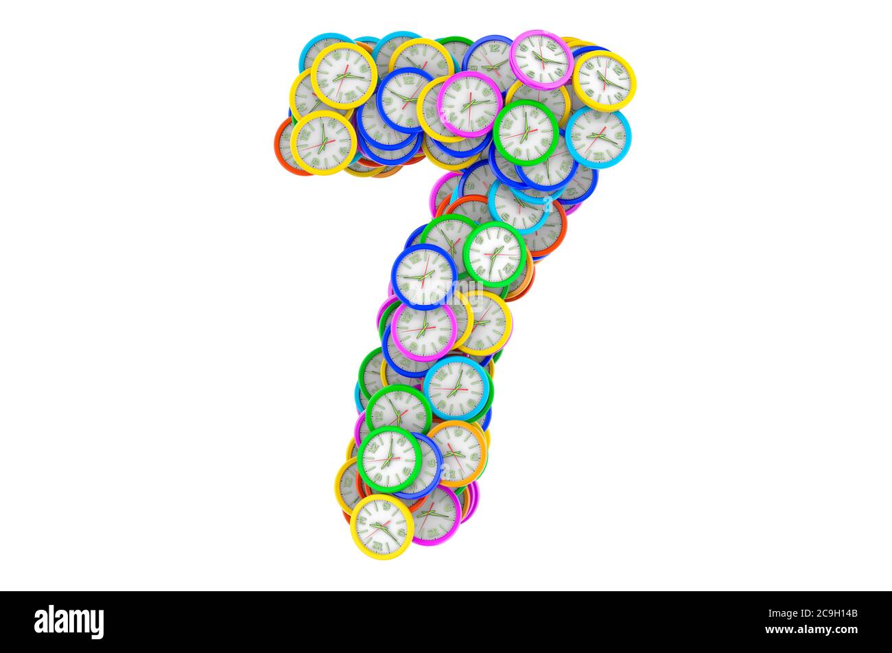 Number 7 from colored wall clocks, 3D rendering isolated on white ...