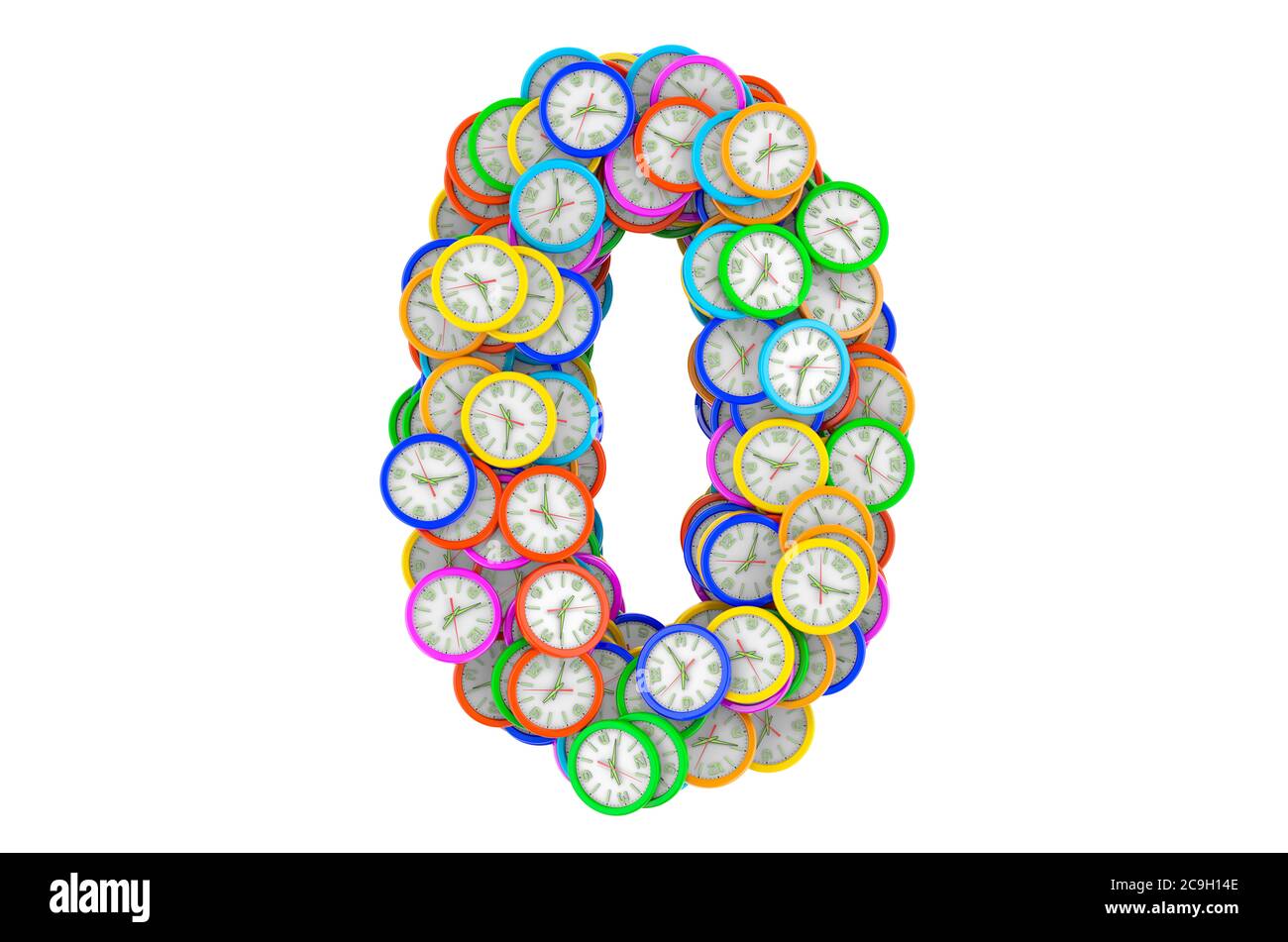 Number 0 from colored wall clocks, 3D rendering isolated on white ...