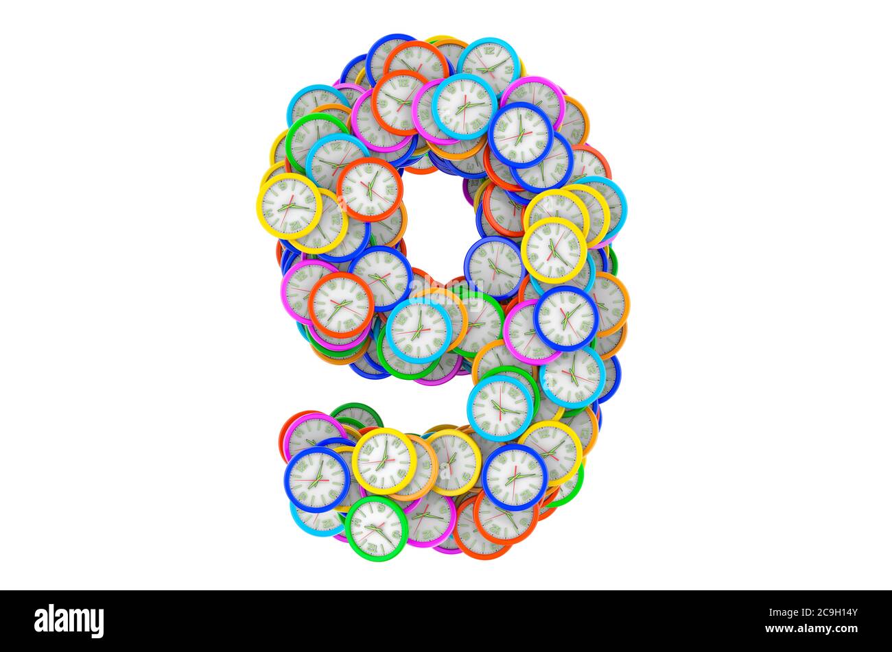 Number 9 from colored wall clocks, 3D rendering isolated on white ...