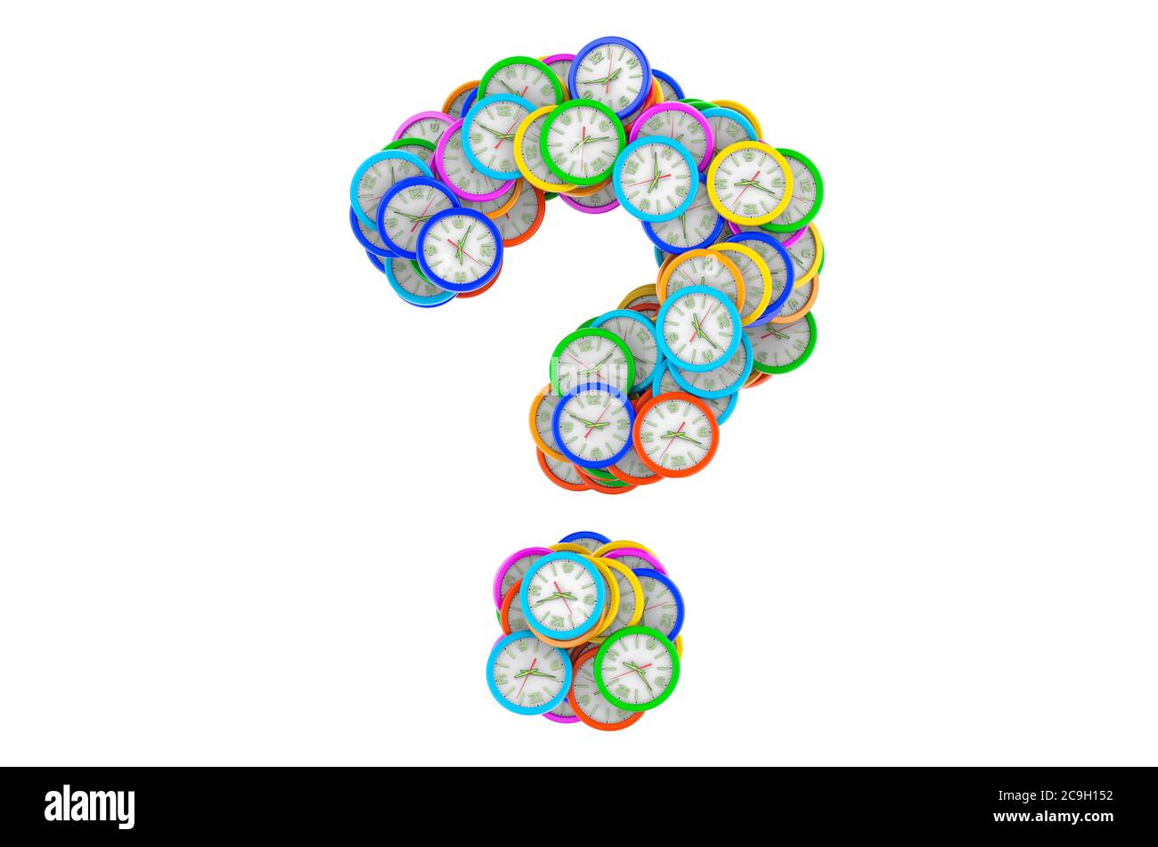 Question mark from colored wall clocks, 3D rendering isolated on white ...