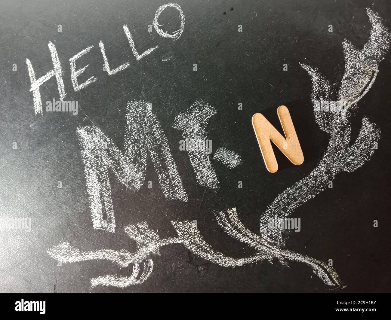 Hello mister N text displayed on chalk board concept with wooden ...